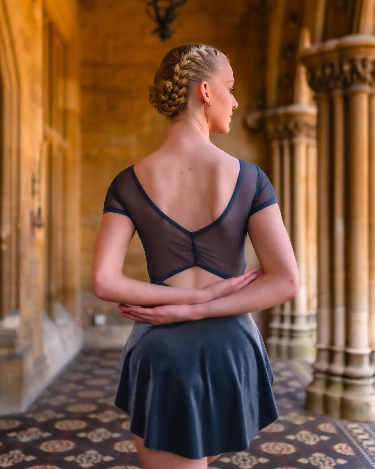 Sofia Leotard In Charcoal Rose Floral Print And Mesh